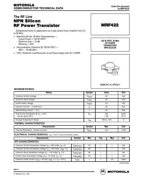 Mrf422 Datasheet Rf Power Transistors Motorola Semiconductor