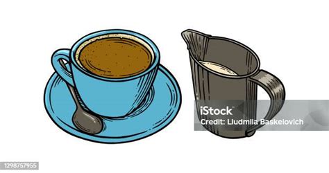 커피 컵과 크리머 가각 세트 미중컵에 우유를 더 드시면 됩니다 벡터 일러스트레이션 가득 찬에 대한 스톡 벡터 아트 및 기타 이미지 가득 찬 검은색 그림자 Istock