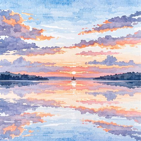 Free Tranquil Sunset Reflection Image Watercolor Sunset Reflection