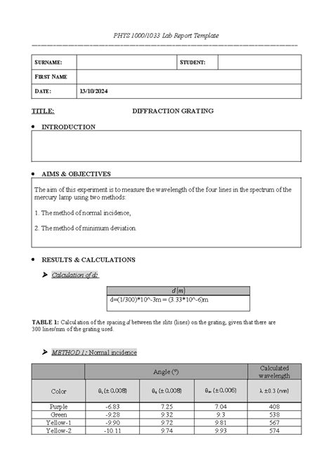 Exp08 Diffraction Grating Lab Report Upload Docm PHYS 1000 1033