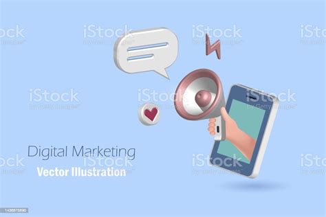 말풍선이 있는 모바일에서 확성기를 들고 있는 손 디지털 마케팅 및 홍보 커뮤니케이션 개념 템플릿 배너에 대 한 3d 현실적인 벡터입니다 운동가에 대한 스톡 벡터 아트 및