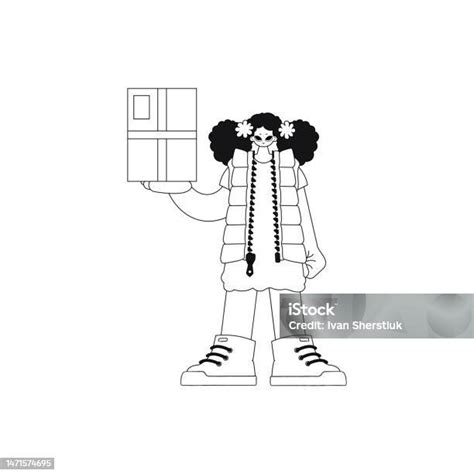 女の子は小包を手に持っている配達線形ベクターイラスト イラストレーションのベクターアート素材や画像を多数ご用意 イラストレーション