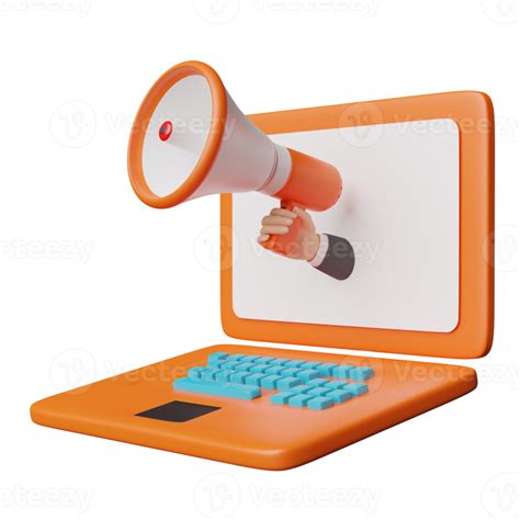 Orange Laptop Computer With Businessman Hands Holding Megaphone Hand