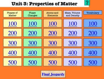 Properties Of Matter Unit Review Materials Jeopardy Game Activities By Jts