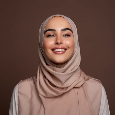 Elegant Taupe Hijab Clad Woman With Radiant Smile Photo On Lummi