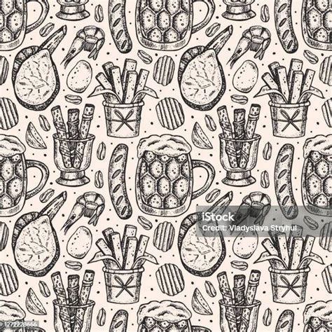 옥토버페스트 스위미드 패턴 질감 알코올 맥주 한 잔 간식 패스트 푸드 독일 소시지 칩 튀긴 감자 고기 빵 땅콩 바 펍 메뉴 디자인 벡터 포장 용지 0명에 대한 스톡 벡터