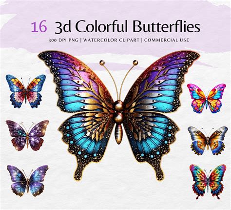 3d Butterflies Clipart Bundle Colorful Butterfly Png Etsy