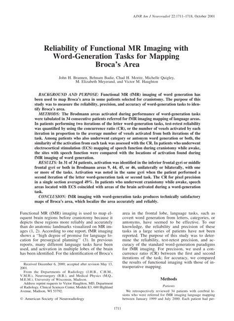 Pdf Reliability Of Functional Mr Imaging With Word Generation Tasks For Mapping Brocas Area