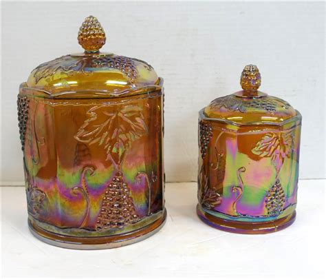 Lot Detail 2 Indiana Glass Amber Carnival Harvest Canisters