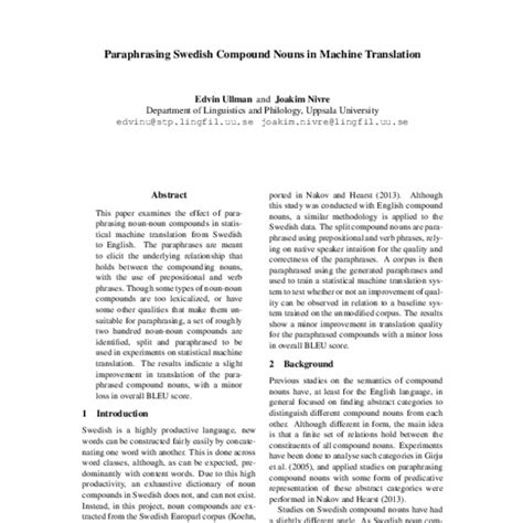 Paraphrasing Swedish Compound Nouns In Machine Translation Acl Anthology