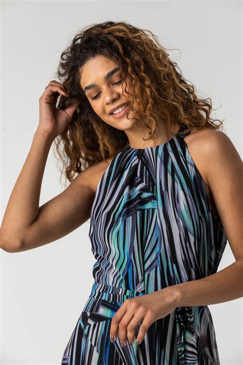 Abstract Stripe Print Halterneck Dress In Blue Roman Originals Uk