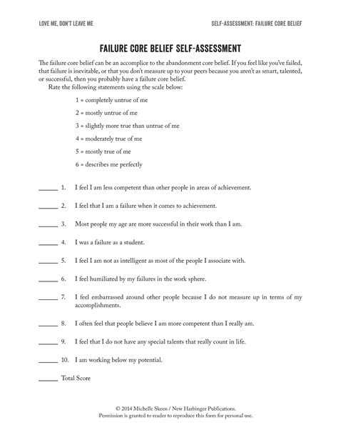 Lmdlm 2 Failure Core Belief Self Assessment Love Me Dont Leave Me