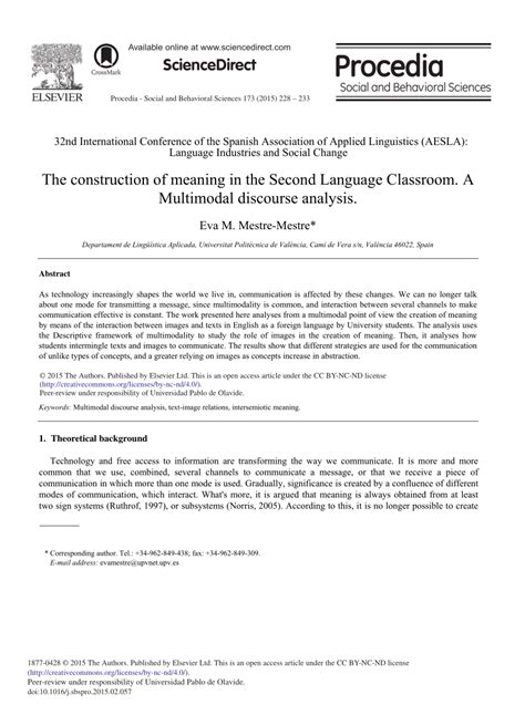 Pdf The Construction Of Meaning In The Second Language Classroom A Multimodal Discourse Analysis