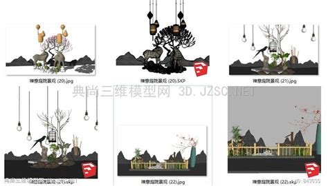 禅意庭院景观合集7枯山水中式日式庭院假山置石鹦母翠鸟小鸟卵石水钵梅花鹿鸟笼树桩陶器陶罐 枯枝梅su模型 精品推广模型su模型