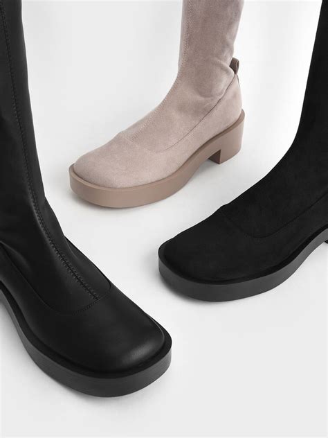 Taupe Textured Thigh High Block Heel Boots Charles And Keith Sg