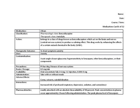Ativan Medication Card Name Date Course Term Medications Card 6 Of 12 Medication