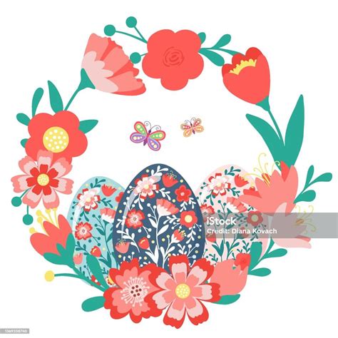 부활절 달걀 나비 꽃 잎과 함께 귀여운 화환을 그린 장식 손 봄 꽃 다채로운 프레임 흰색 배경에서 격리된 추상 벡터 그림