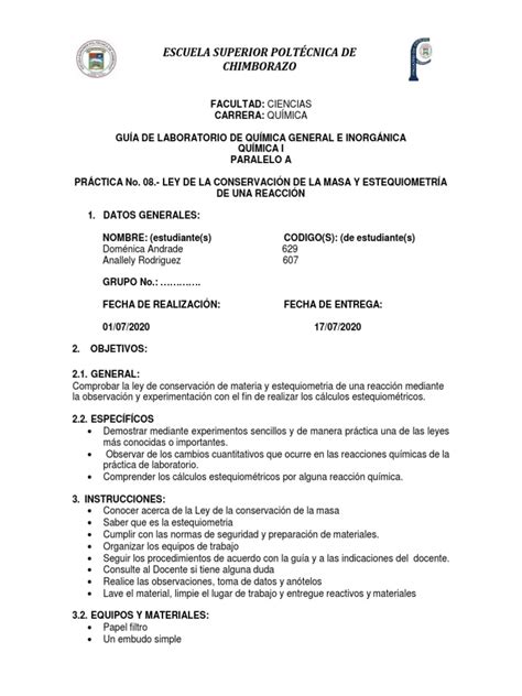Laboratorio No08 Ley De La ConservaciÓn De La Masa Y EstequiometrÍa Pdf Pdf Procesos