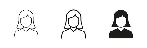 여성 아바타 라인과 실루엣 아이콘 세트 어깨 길이의 머리를 가진 여성 사용자 프로필 또는 연락처 정보 응용 프로그램 편집 가능한 스트로크 고립 된 벡터 일러스트 레이 션