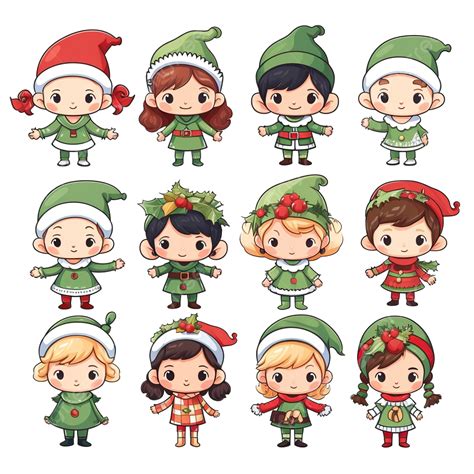 Christmas Elf Characters Xmas Santa Claus Little Helpers Cute Christmas Elves Mascots Vector Set