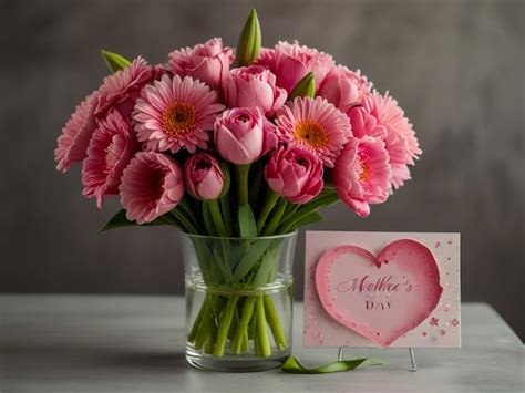 Premium Photo Pink Flowers In A Vase With A Card That Says Mothers Day