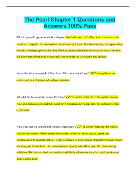 The Pearl Chapter 1 Questions And Answers 100 Pass The Pearl Stuvia Us