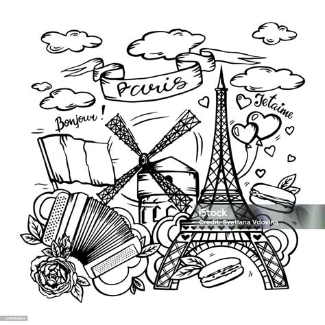 파리 손 은 흰색 고립 된 배경에 도시 벡터 그림을 그려 개체는 격리됩니다 물랑 루즈에 대한 스톡 벡터 아트 및 기타 이미지