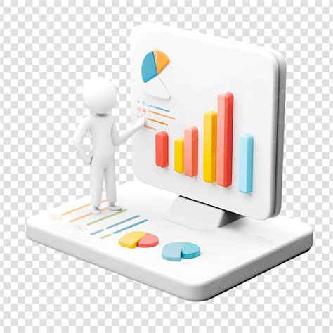 다채로운 바와 파이 차트를 보여주는 3d 캐릭터 데이터 분석 비즈니스 프레젠테이션 무료 Psd 파일