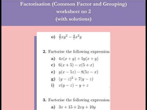 Factorisation Common Factor And Grouping Worksheet No 2 With