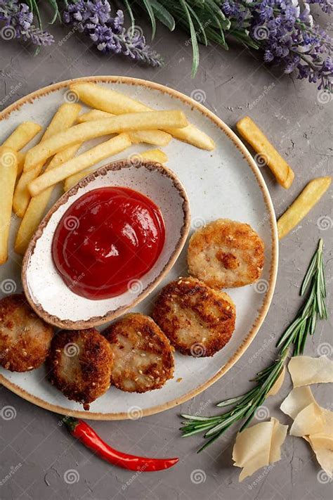 Французская картошка фри мясные котлеты и кетчуп в белой тарелке