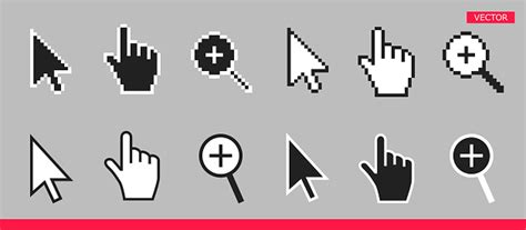Zwartwitte Pijl Hand En Vergrootglas Muiscursor Pictogrammen Vector