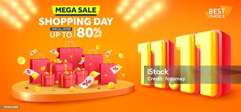 1111 쇼핑데이 포스터 또는 기프트 박스와 쇼핑백 배너의 벡터11 11 소셜 미디어 및 웹사이트용 판매 배너 템플릿 디자인 벡터 일러스트 Eps 10 세일에 대한 스톡