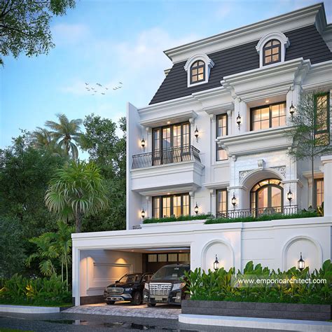 Desain Tampak Depan 2 Rumah Mediteran Klasik 4 Lantai Ibu HN Di Bandung