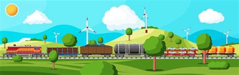 Paisagem da natureza do transporte ferroviário de carga Vetor Premium