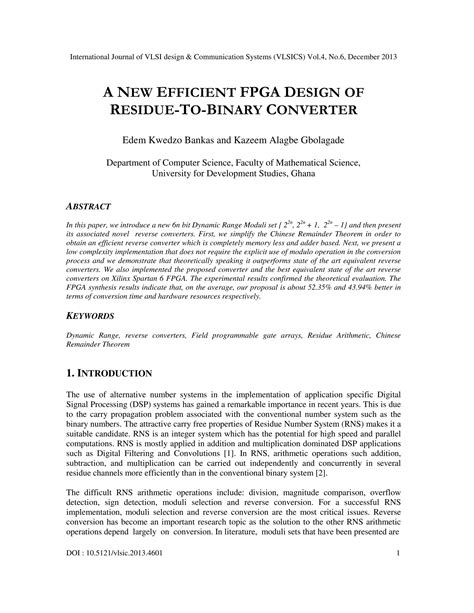 a new efficient fpga design of residue to binary converter pdf