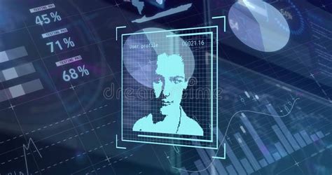 Animation Of Biometric Photo And Data Processing Over Dark Background