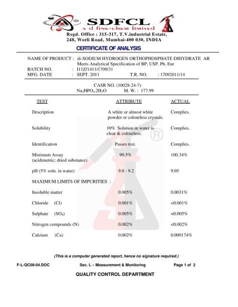Certificate Of Analysis Sd Fine Chem