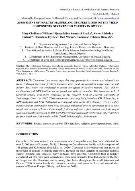 Pdf Assessment Of Poultry Manure And Npk Fertilizer On The Yield Components Of Cucumber