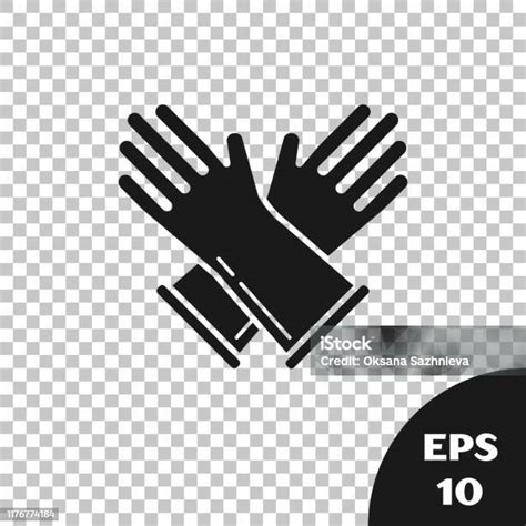 투명 한 배경에 격리 된 검은 고무 장갑 아이콘입니다 라텍스 손 보호 기호입니다 집안일 청소 장비 기호입니다 벡터 일러스트레이션