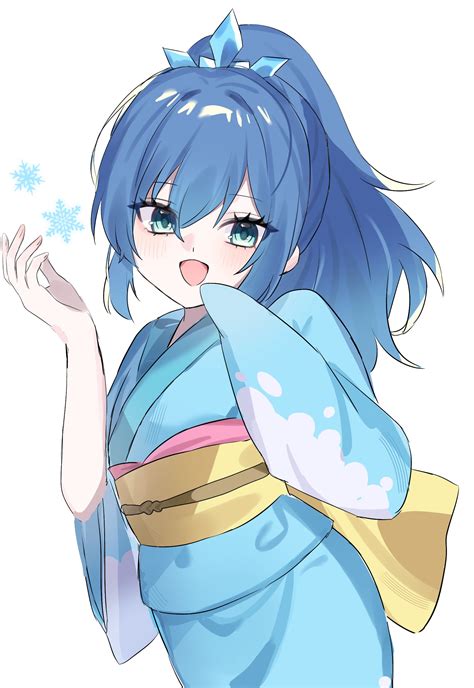 Fubukihime Youkai Watch Absurdres Highres 1girl Blue Eyes Blue Hair Blue Kimono Japanese