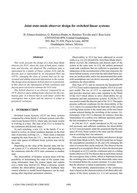 Pdf Joint State Mode Observer Design For Switched Linear Systems