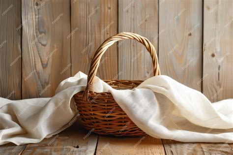 Empty Straw Basket With White Linen On Table Food Ad Template Container