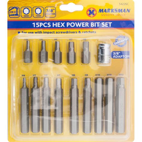 15Pc Hex Allen Key Power Bit Set 30 75Mm Long H4 H12 3 8