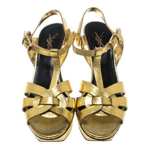 Saint Laurent Paris Metallic Gold Leather Tribute Platform Sandals Size