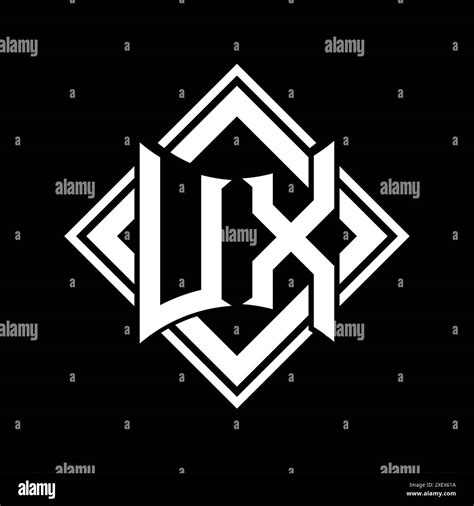 UX Letter Logo With Abstract Shield Shape With Square White Outline On Black Background Template