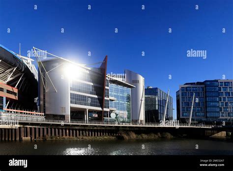 Sun Flare Off The Vue Cinema Building And Waterfront Scene River Taff