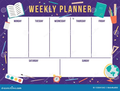 Cute Weekly Planner With Hand Drawn School Elements Stock Vector
