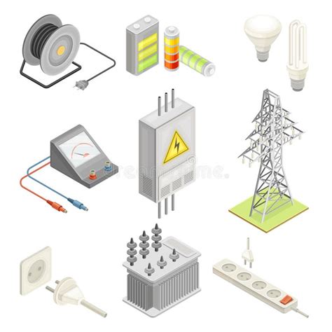 Electric Power Objects With Breaker Box Socket And Lightbulb Isometric Vector Set Stock Vector