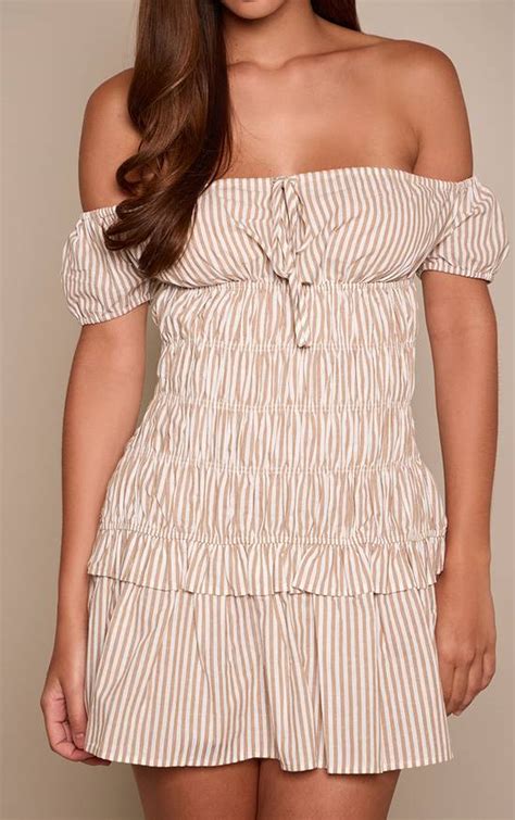 Brown Pinstripe Bardot Ruched Shift Dress Plt