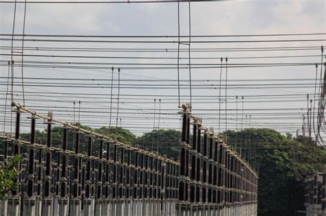 Electrical Substation With Multiple Power Lines Insulators And Metal